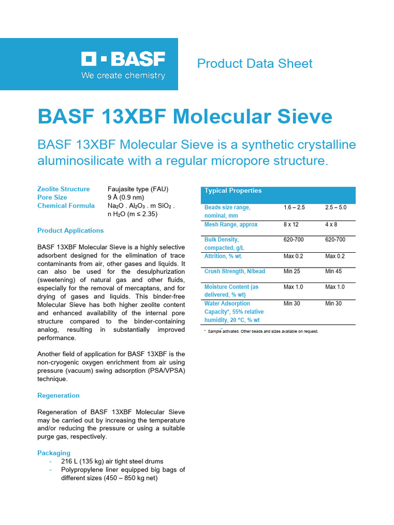 BASF 13XBF-Molecular-Sieve Datasheet Rev.08-2020 | PDF | Adsorption | Zeolite