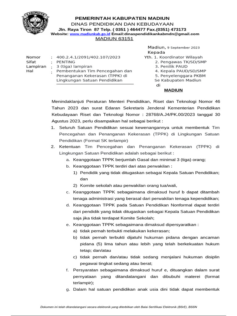 Surat Edaran Pembentukan TPPK SATDIK | PDF