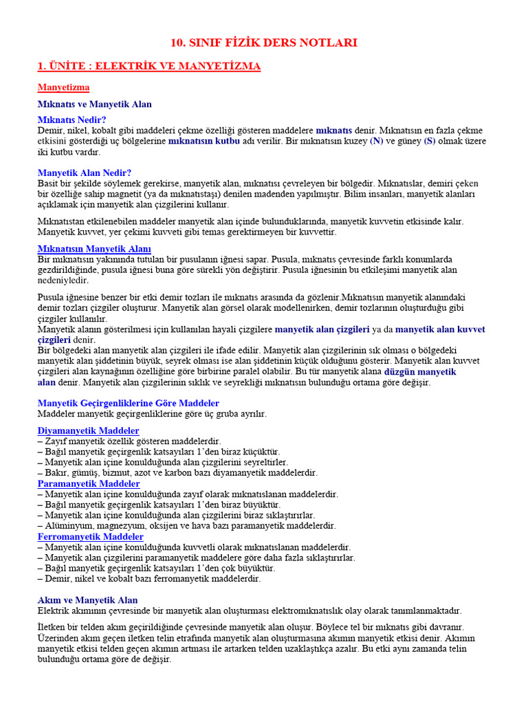 10 Sinif Fizik Ders Notlari 2022 2023 | PDF