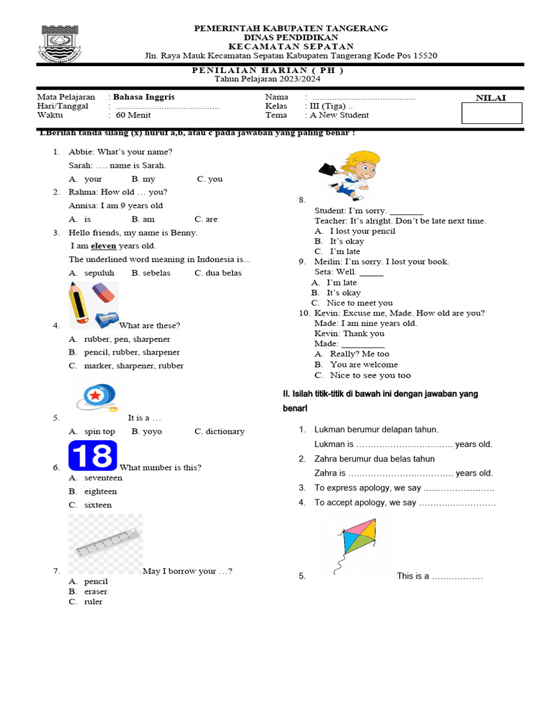 Soal Bahasa Inggris Tema 1 A New Student | PDF