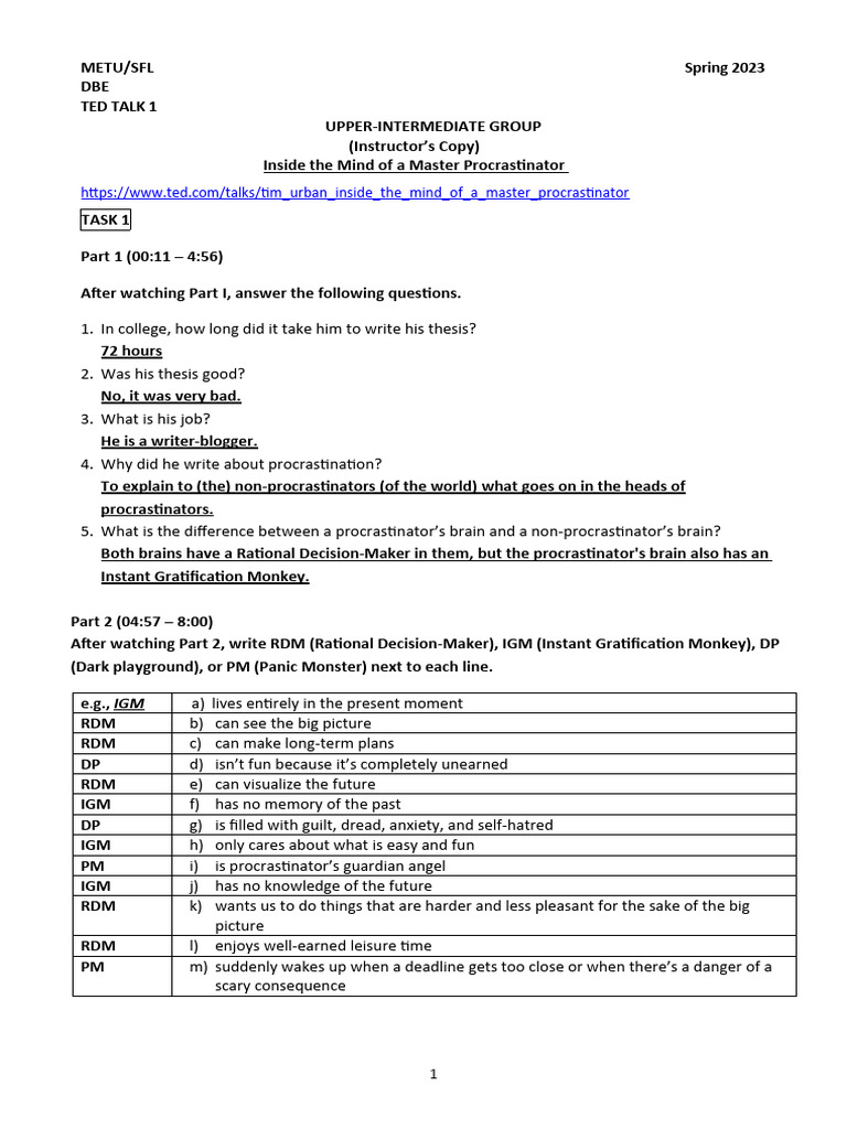 TED Talk on Procrastination Analysis | PDF | Self-Improvement