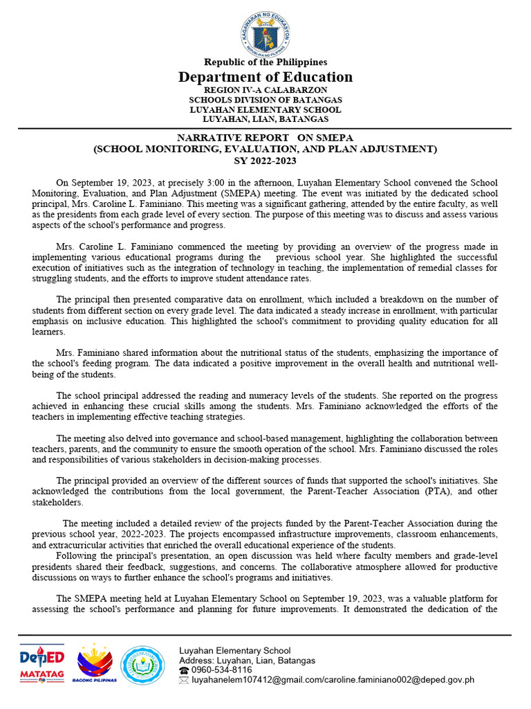 Narrative Report On Smepa 2022 2023 | PDF