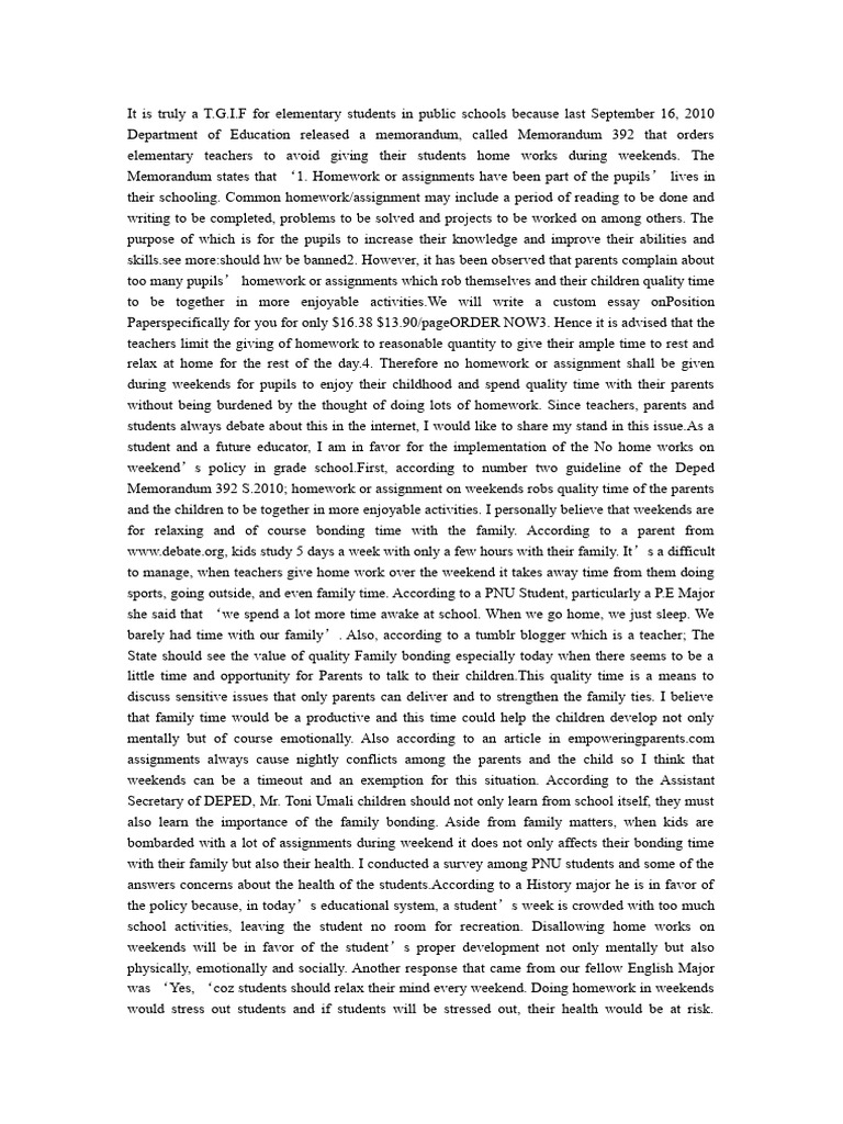 Sample Position Paper. (No Homework Policy) | PDF | Homework | Teachers