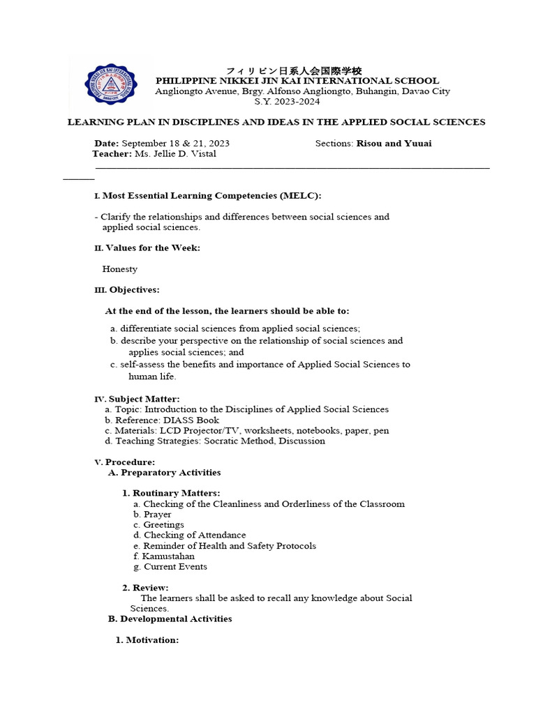 DIASS Learning Plan Week 1 Jellie | PDF