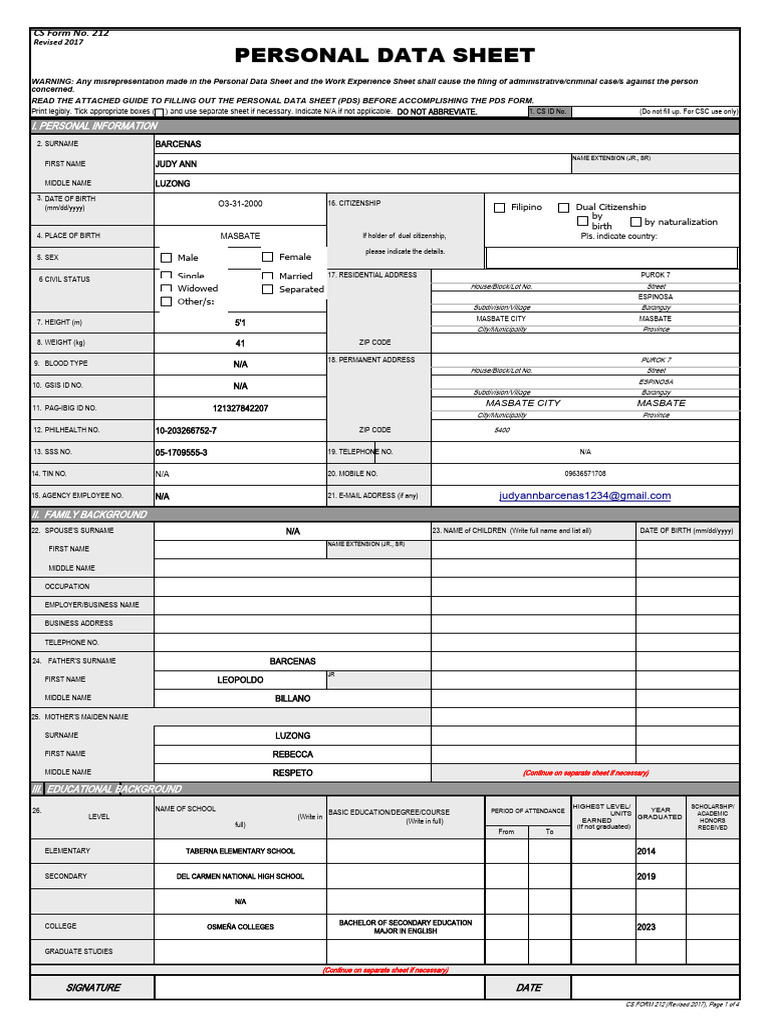 CS Form No. 212 Personal Data Sheet Revised | PDF