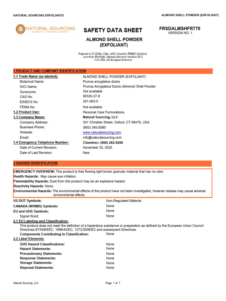 SDS Almond Shell Powder Exfoliant FRSDALMSHFR770 | PDF | Dangerous ...