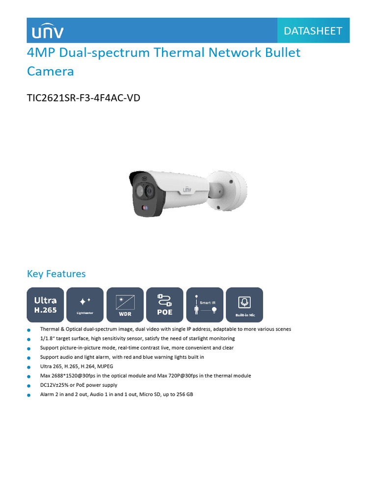 UNV TIC2621SR-F3-4F4AC-VD 4MP Dual-Spectrum Thermal Network Bullet Camera Datasheet V1.2-EN | PDF