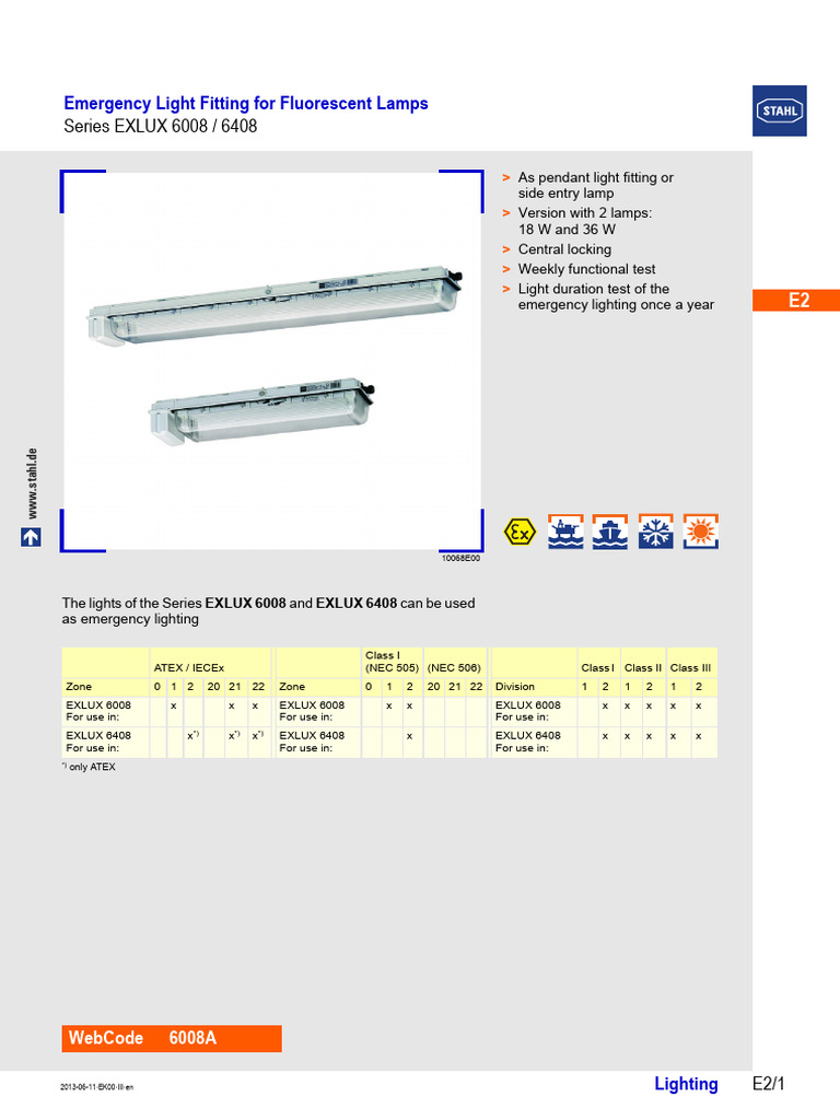 Stahl 6008 Emergency Light Fitting For Fluorescent Lamps - ATEX Zone 1 Zone 2 Hazardous Area | PDF