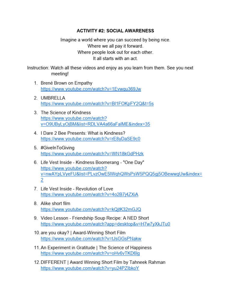 Social Awareness and Kindness Videos | PDF | Empathy | Communication