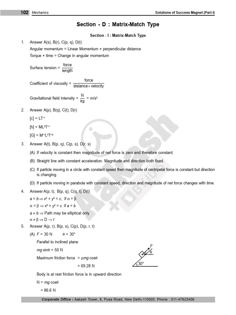 Section - D: Matrix-Match Type: Length Force | PDF | Force | Angular ...