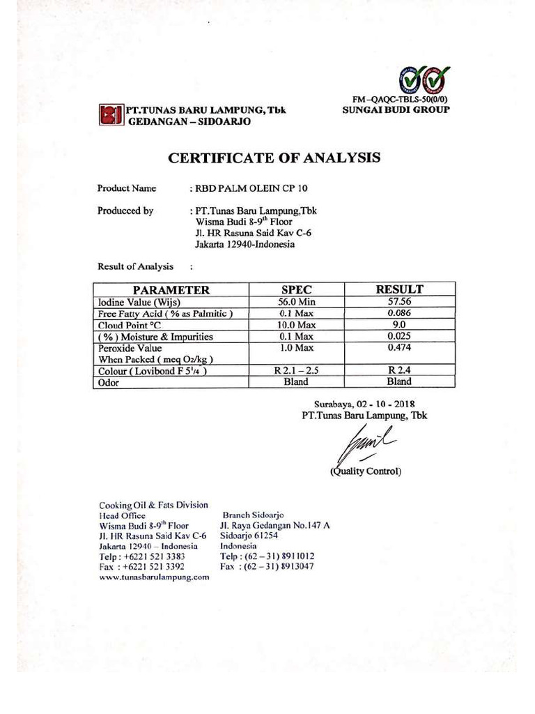 COA RBD Palm Olein CP 10 | PDF