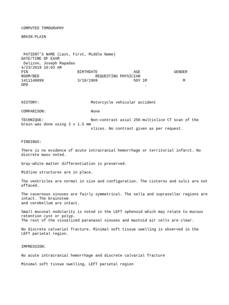 CT Scan Result Sample Template | PDF