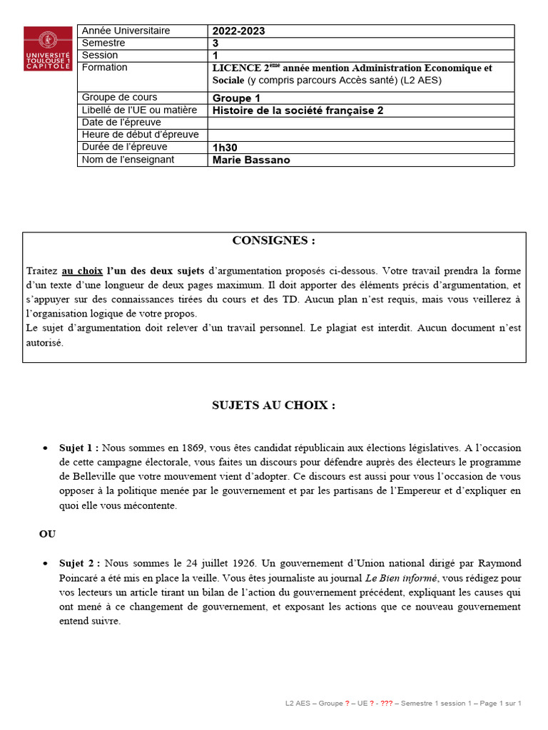 l2 Aes - Modele - Page de Garde Sujet Examen | PDF | Sciences sociales