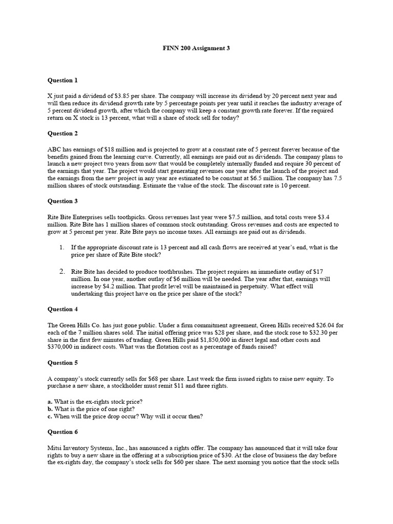 FINN 200 Assignment 3 Updated | PDF | Dividend | Stocks