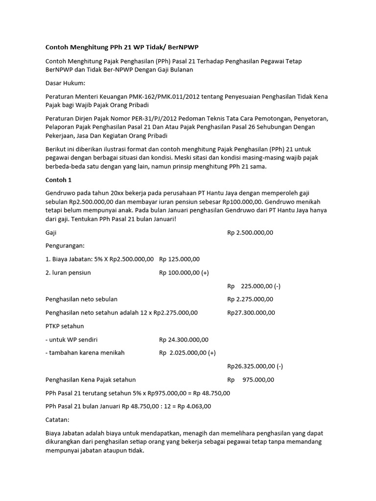 Contoh Menghitung PPH 21 | PDF