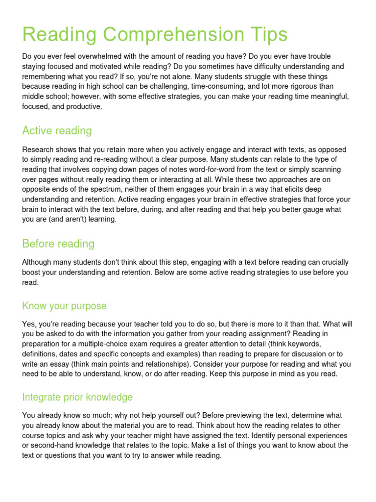 Reading Comprehension Tips | PDF Reading Comprehension Tips | PDF