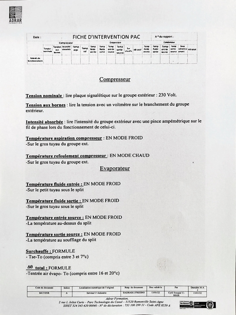 Fiche d'Intervention Climatisation PAC | PDF