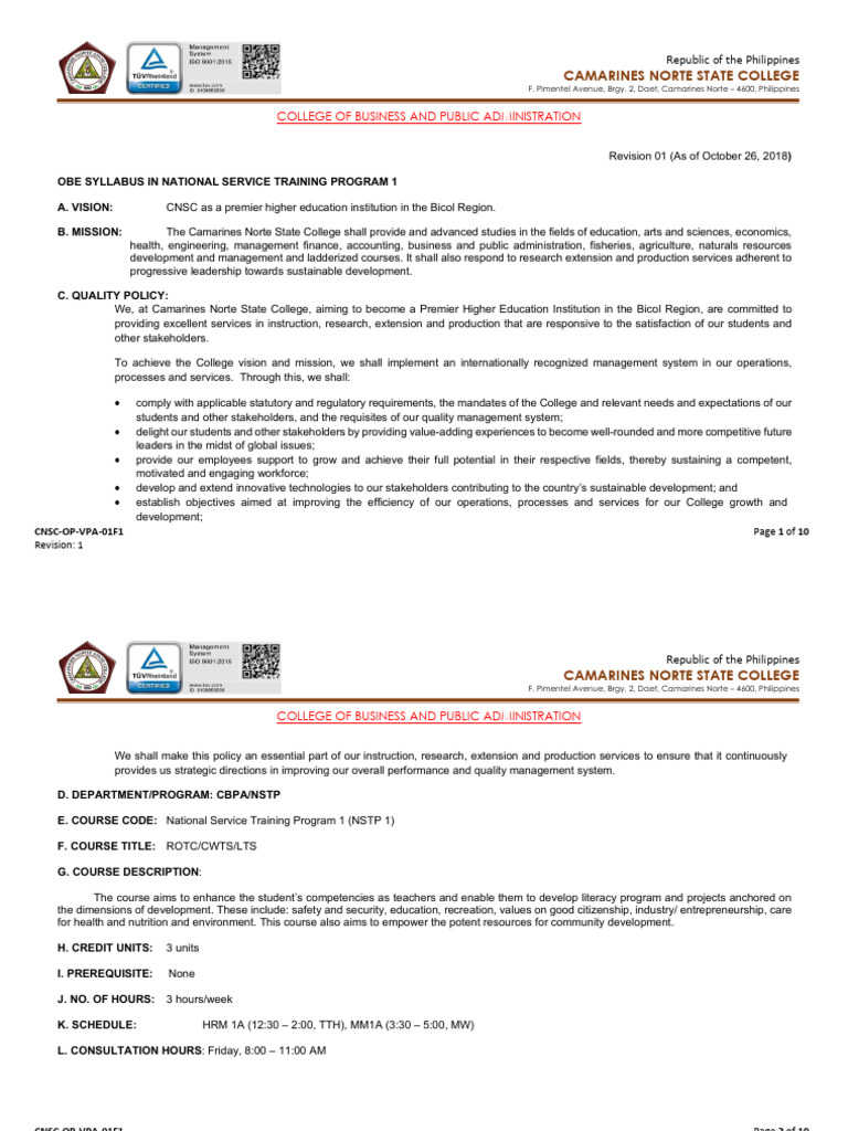 Course Syllabus - NSTP 1 | PDF | Leadership | Disaster Risk Reduction
