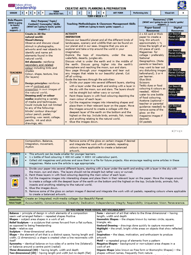 Lesson Plan GR 4 Creative Arts Visual Art T4 W4 - 7 - Additional Lesson | PDF | Shape ...