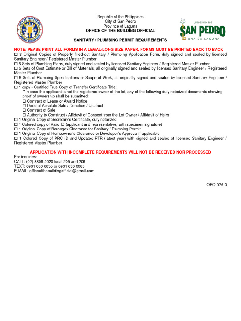 Sanitary - Plumbing Permit With Requirements | PDF