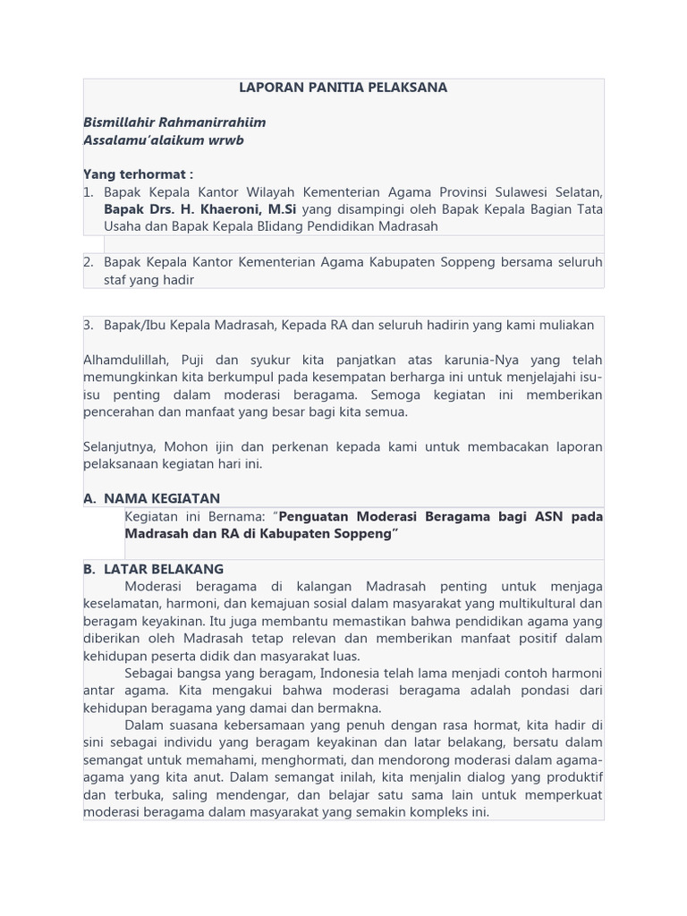 Laporan Panitia Pelaksana Moderasi Beragama | PDF