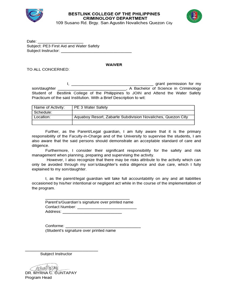Waiver For Swimming | PDF