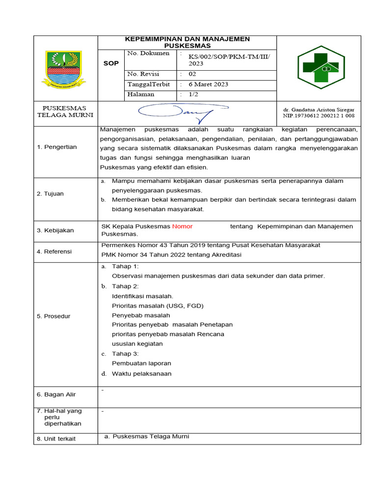 SOP Manajemen Puskesmas Telaga | PDF | Bisnis | Sains & Matematika