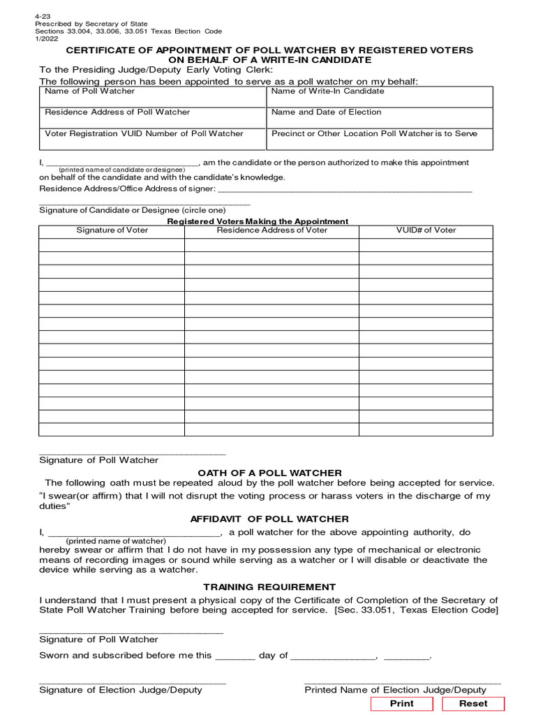 Poll Watcher Appointment for Write-Ins | PDF | Politics | Law