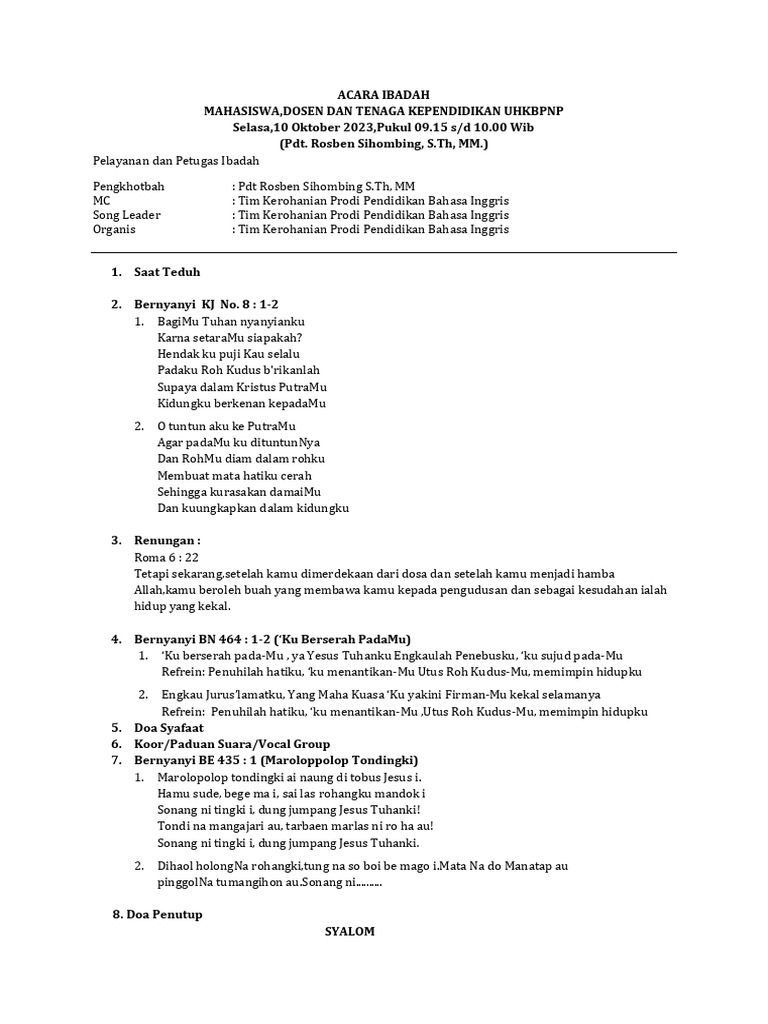 Ibadah Mahasiswa UHKBPNP 10 Oktober 2023 | PDF | Seni & Disiplin Bahasa ...