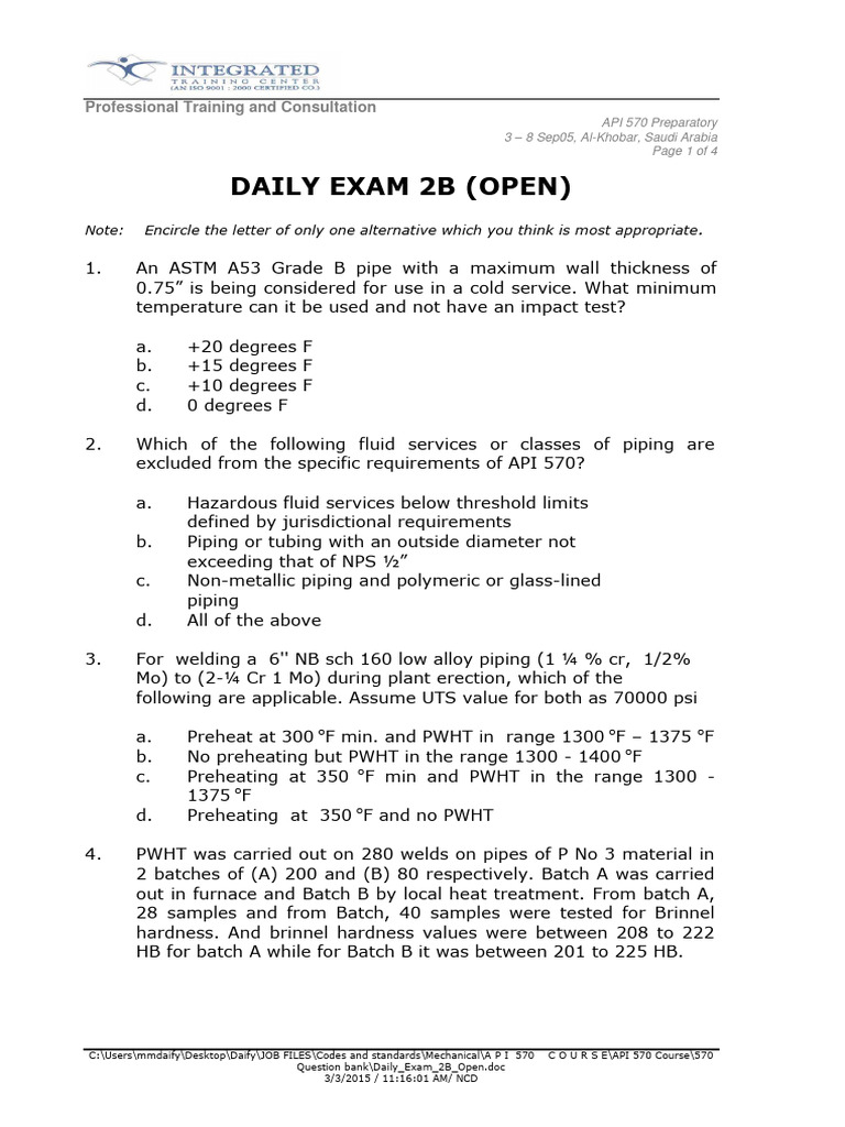 Daily Exam 2B Open | PDF | Pipe (Fluid Conveyance) | Secondary Sector Of The Economy