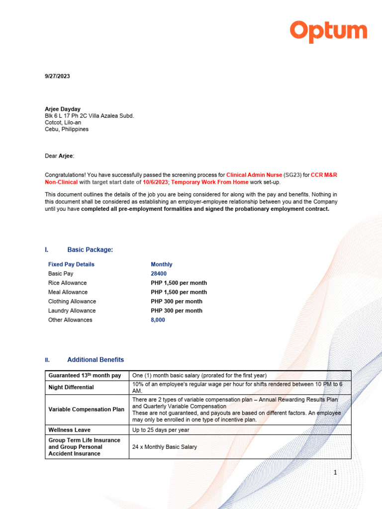 Offer Letter FTE Arjee Dayday | PDF | Physical Examination | Employment