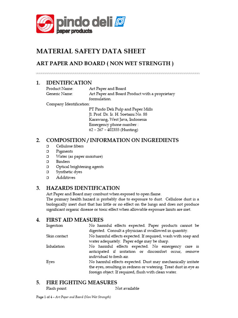 MSDS Art Paper - Carton - Pindo Deli | PDF