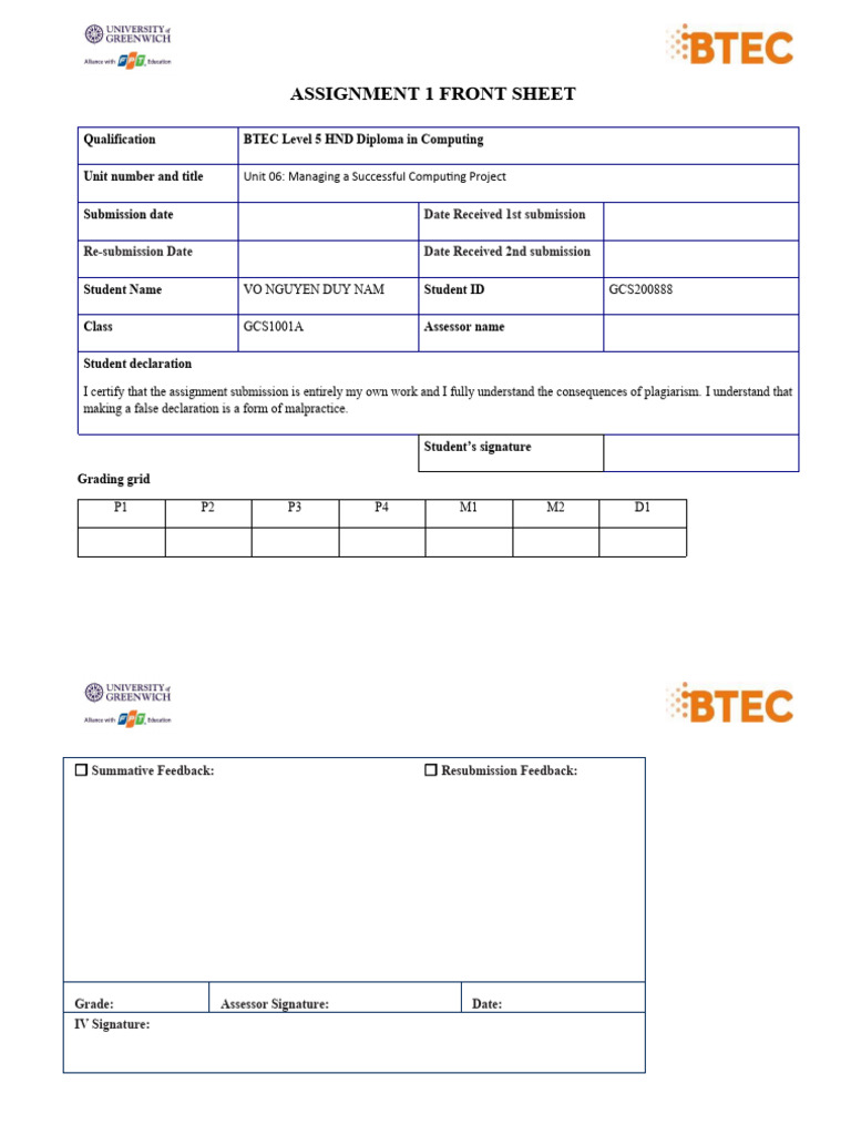 Unit 06 - Assignment 1 Frontsheet | PDF