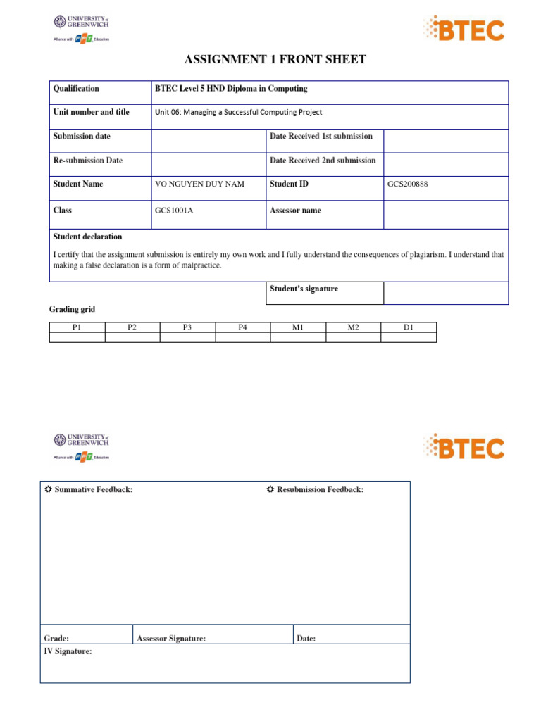 VO NGUYEN DUY NAM - GCS200888 - Unit 06 - Assignment 1 Frontsheet | PDF