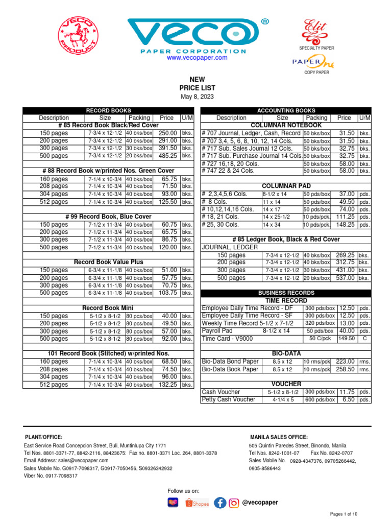 Veco Paper Corporation Price List | PDF | Notebook | Color