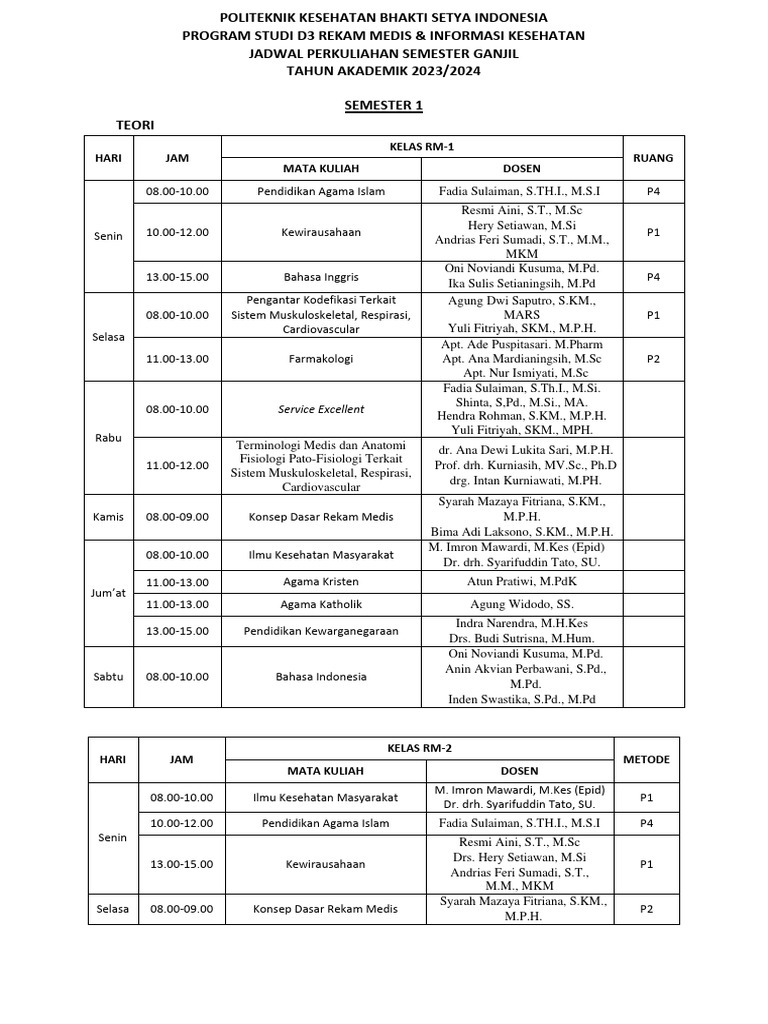 Jadwal Teori Semester 1 Ta 2023-2024 | PDF