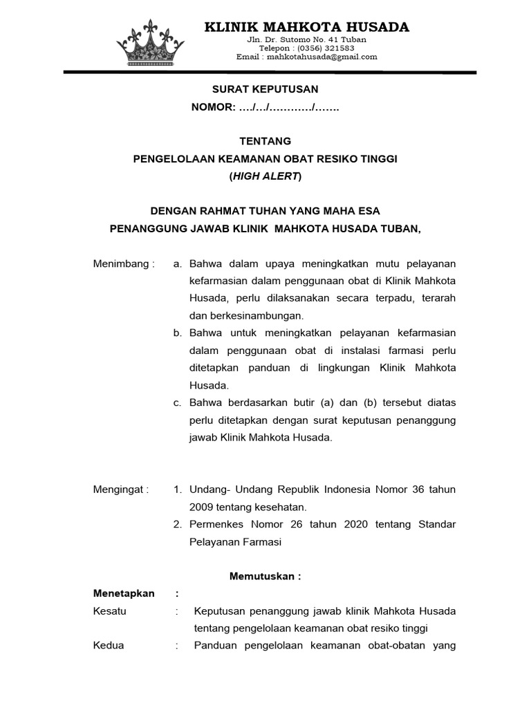 PMKP 2 - EP4.1 SK Pengelolaan Obat Resiko Tinggi - Mahkota Husada | PDF