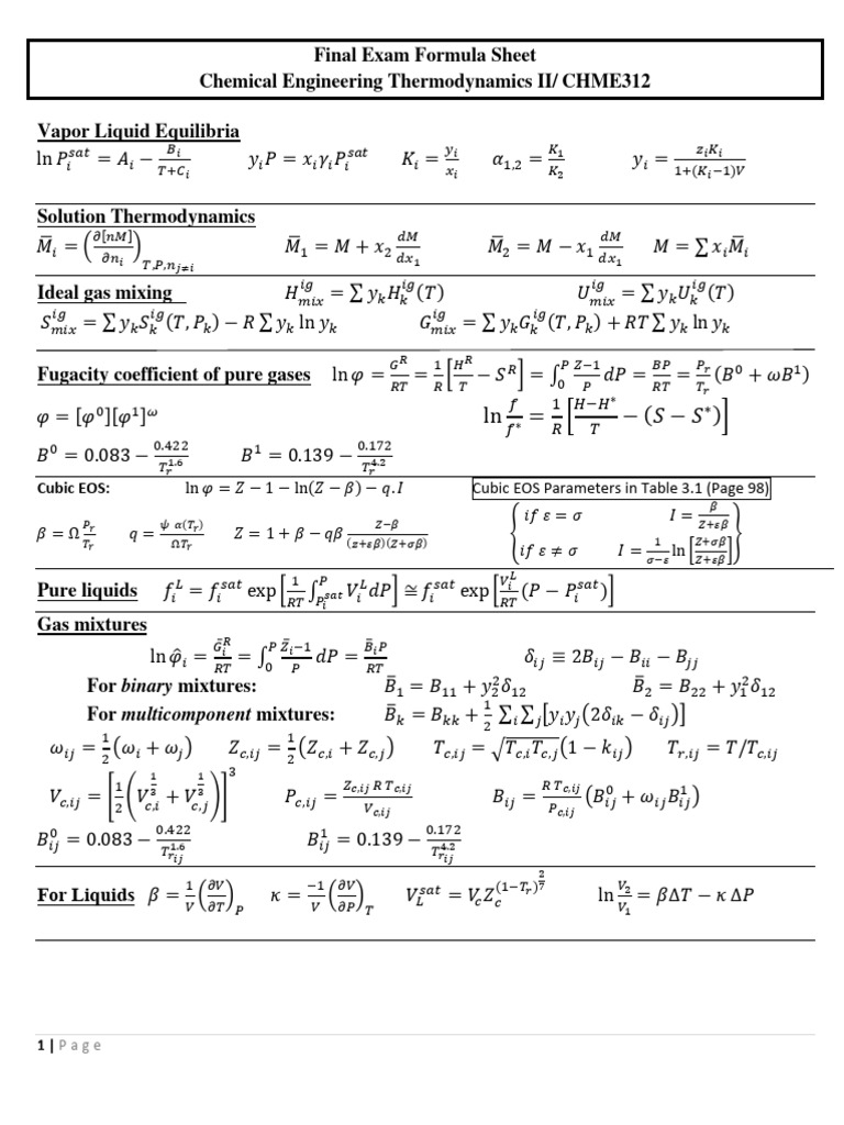 FORMULA SHEET - Final Exam - CHME312 | PDF FORMULA SHEET - Final Exam - CHME312 | PDF