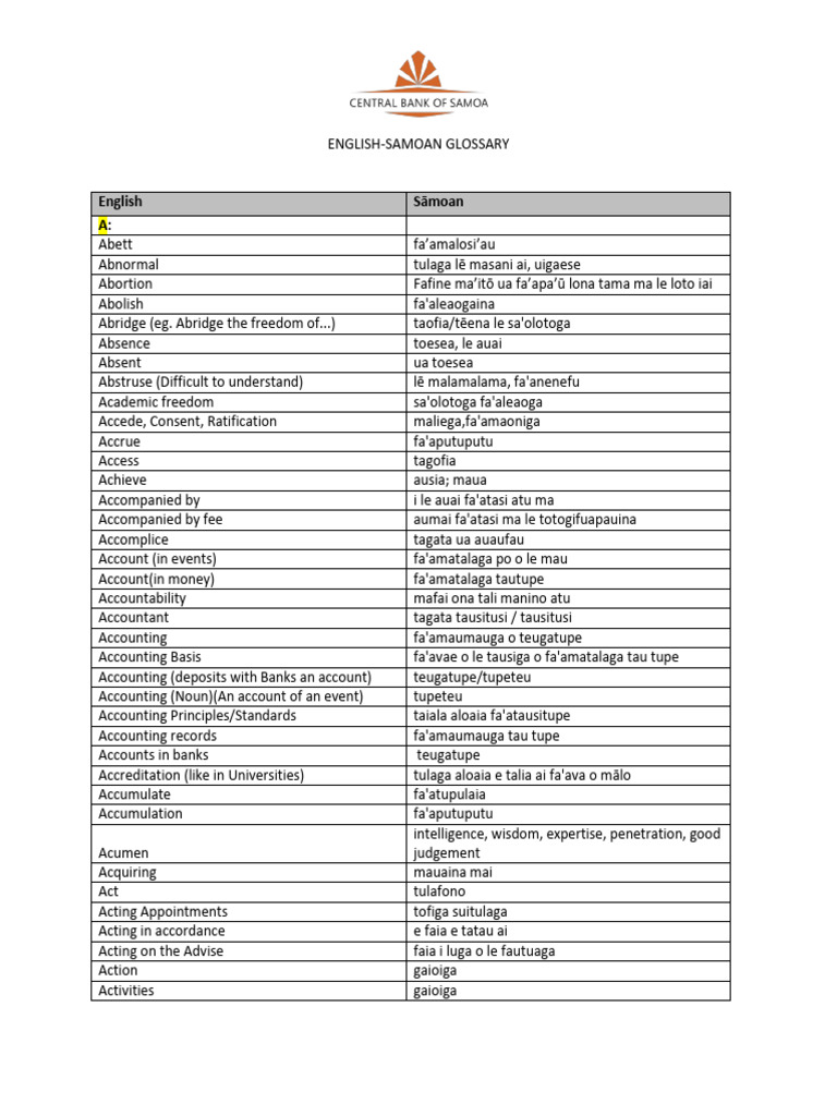 English-Samoan Vocabulary Guide | PDF | Money | Economies