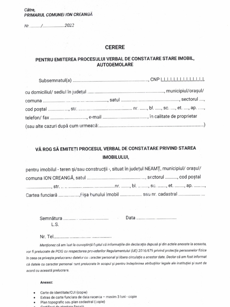 Cerere Pentru Emiterea Procesului Verbal de Constatare Stare Imobil ...