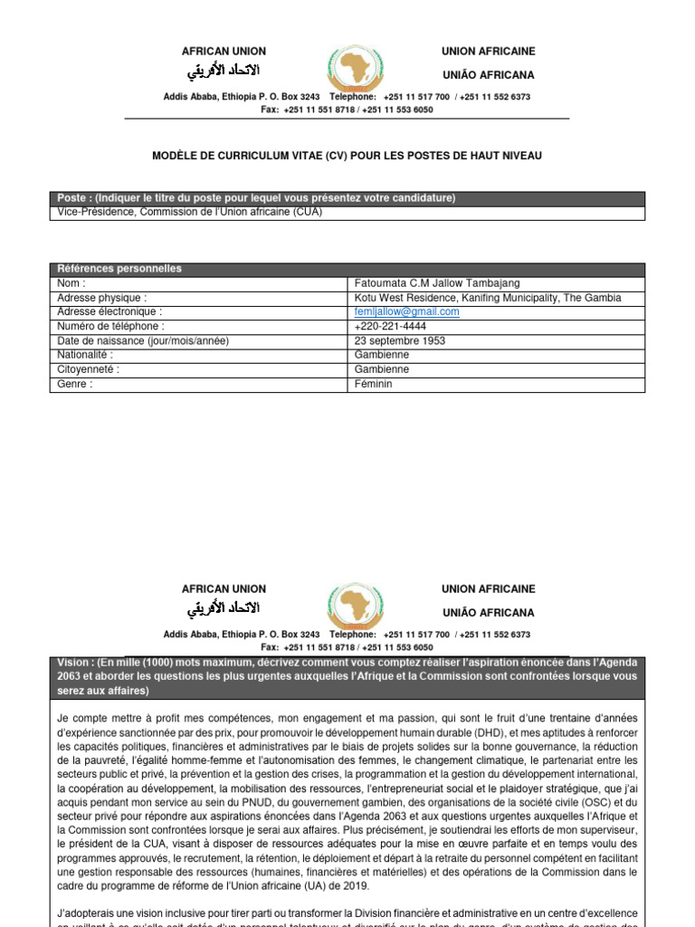 Modèle de CV pour la CUA | PDF | Union africaine | Nations unies