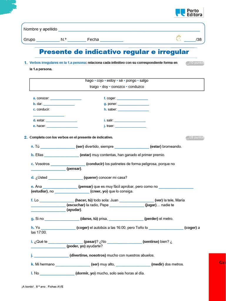 Ficha 2 - Presente de Indicativo Regular e Irregular | PDF
