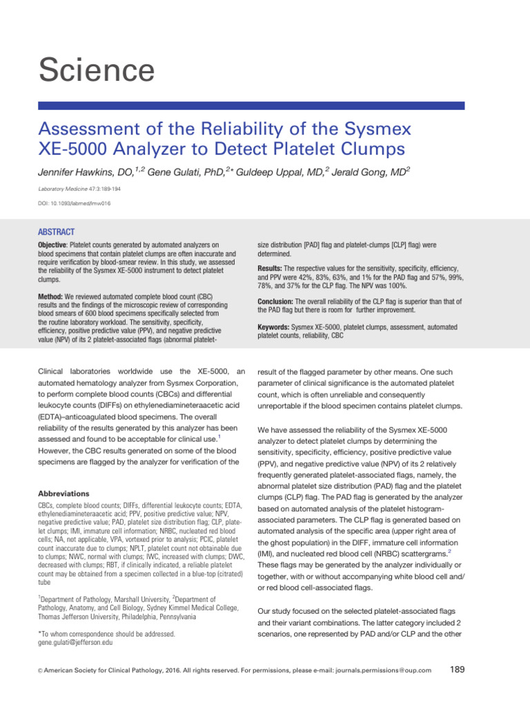 Science: Assessment of The Reliability of The Sysmex XE-5000 Analyzer ...