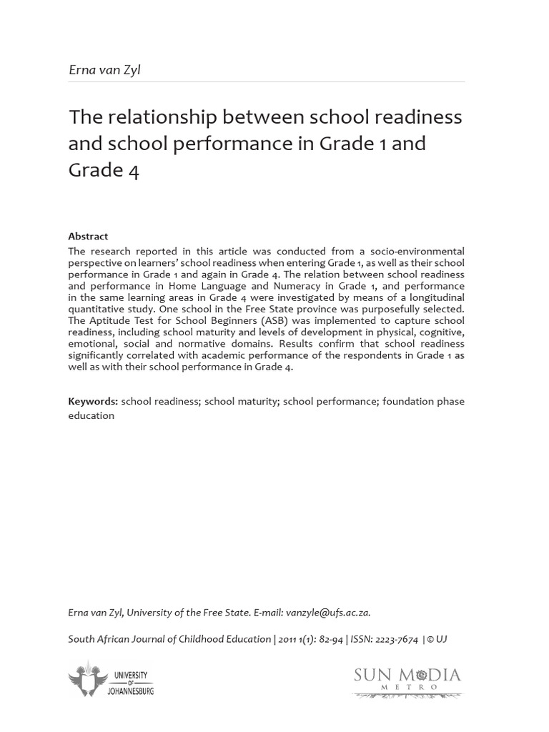 The Relationship Between School Readiness and School Performance in Grade 1 and Grade 4 | PDF ...