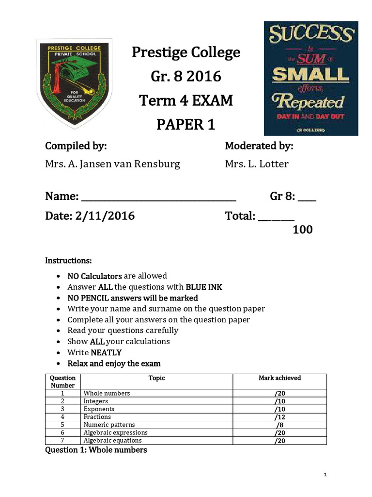 Gr. 8 Term 4 Math Exam Paper | PDF | Numbers | Equations