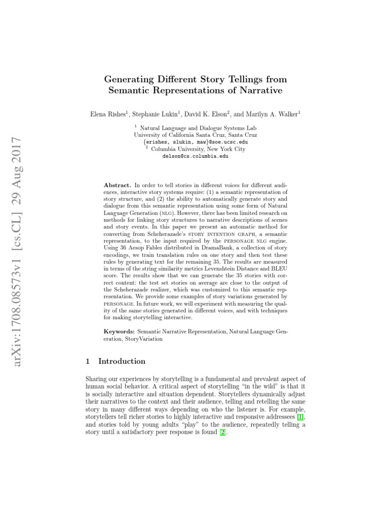 Generating Different Story Tellings From Semantic Representations Of Narrative Pdf 