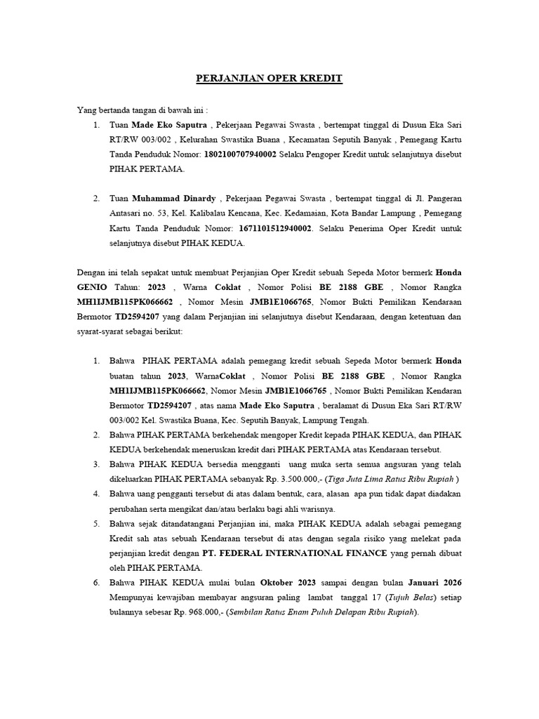 Dokumen - Tips - Contoh Surat Perjanjian Oper Kredit | PDF