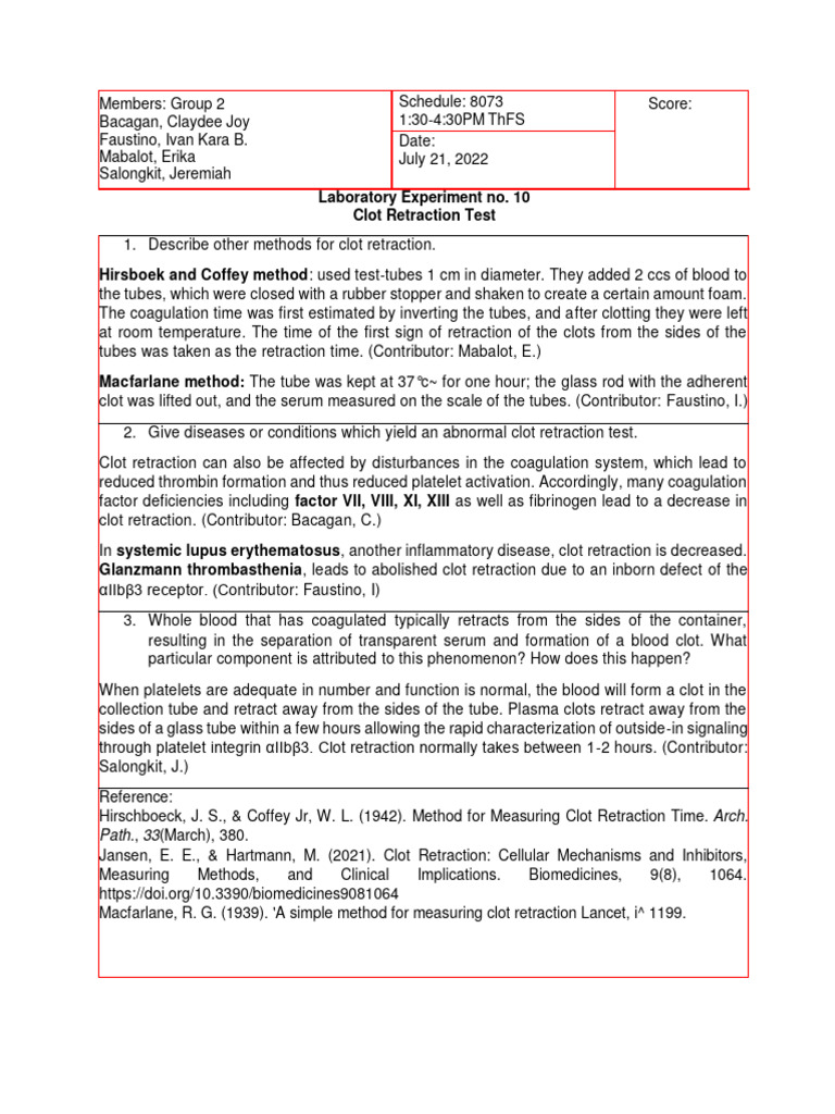 8073 Group2 Clot-Retraction-Test | PDF | Coagulation | Platelet