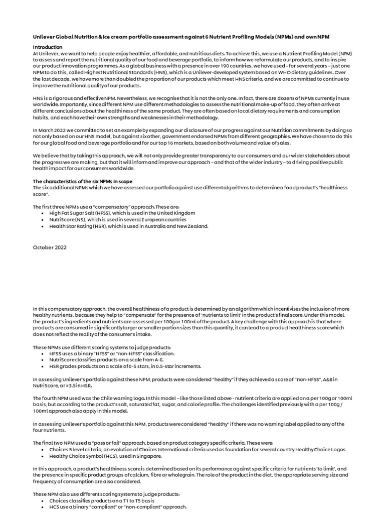 Unileve Portfolio Assessment Against 6 Nutrient Profiling Models 2022 | PDF