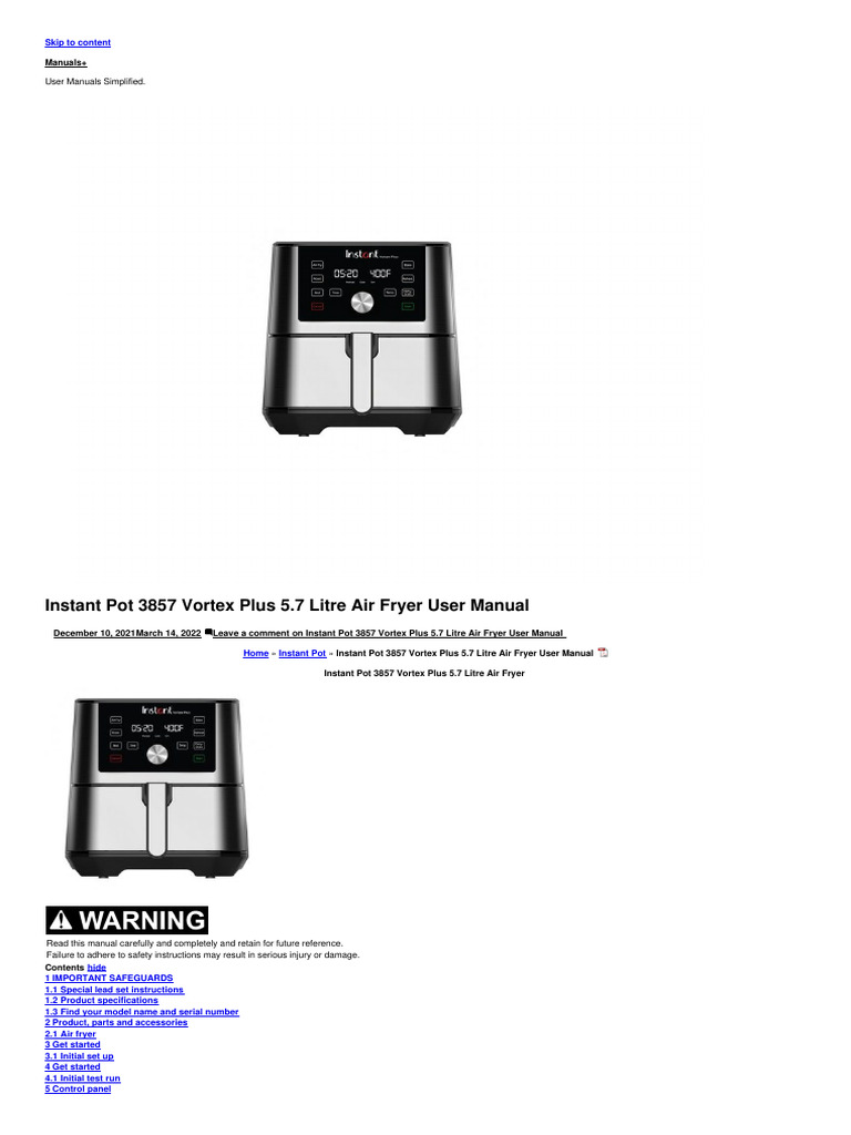Instant Pot Vortex Plus Air Fryer Manual | PDF | Baking | Kitchen Stove
